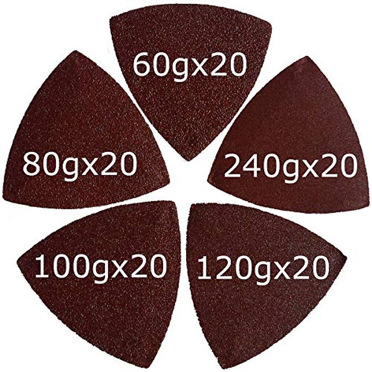 XXGO 100 Pcs 3-1/2 Inch 90mm Triangular 60/80 /100/120 /240 Grits Hook & Loop Multitool Sandpaper for Wood Sanding Contains 20 of Each Fit 3.5 Inch Oscillating Multi Tool Sanding Pad XG9020