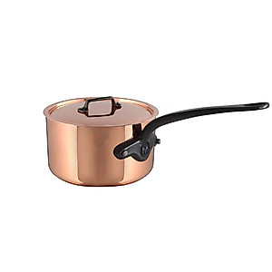 Mauviel M'Heritage M150CI 1.5mm Polished Copper & Stainless Steel Saucepan With Lid, And Cast Iron Handles, 1.3-qt, Made in France