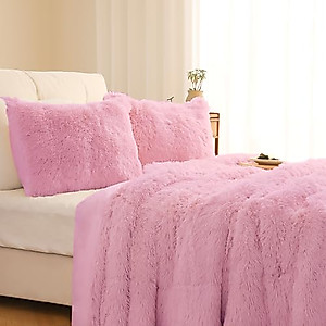 Syalife Plush Fluffy Bedding, Soft Shaggy Comforter Set Twin Size, Faux Fur Pink Shaggy Duvet Cover Set Comforter Cover with Pillow Sham (Twin, Pink)