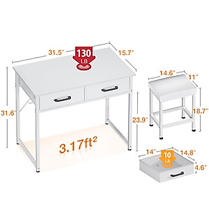 AODK Vanity Desk with 2 Fabric Drawers, 32 Inch Makeup Vanity Without Mirror, Small White Vanity Desk for Bedroom, Makeup Vanity Table with Chair, Kids Girls Vanity Set, White