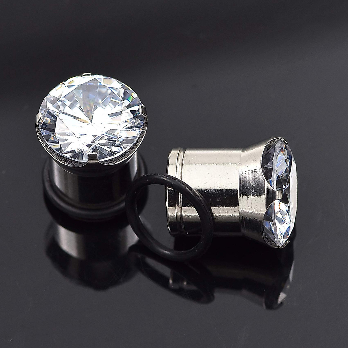 Longbeauty 8mm 0g Stainless Steel Prong Set Clear CZ Ear Plugs Tunnels Stretcher Expander Piercing Gauges With O-Ring