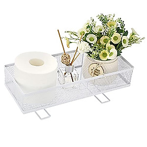 Sumnacon Metal Toilet Paper Basket - Sturdy Toilet Tank Top Holder for Paper Hand Towel Candle, Vintage Storage Organizer Basket for Bathroom Kitchen Toilet Tank Vanity Countertop Shelf, White