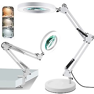 Magnifying Glass with Light and Stand - 2-in-1 Stepless Dimmable LED Magnifying Desk Lamp with Clamp - 3 Color Modes Lighted Magnifier Lens Swivel Arm Light for Reading, Craft, Close Works