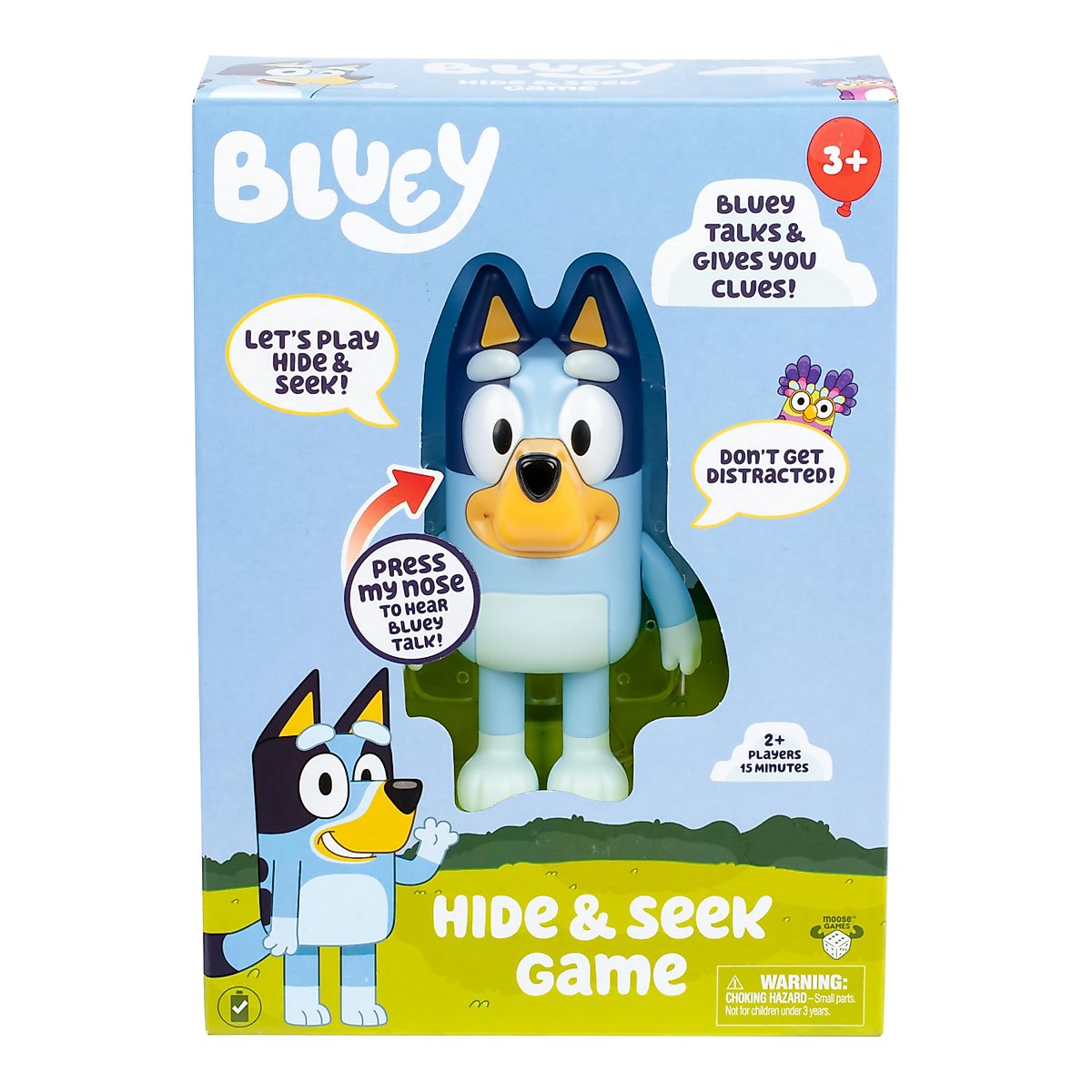 Bluey Hide & Seek Game, Hide The Figure and Press her Nose to Start The Built-in Timer, Talks and Giggles to Help Kids find her, When Found, Kids can Dance to Theme Song