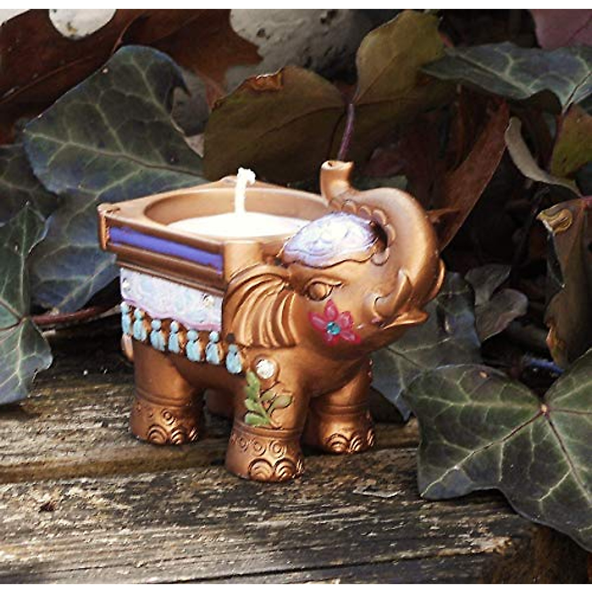 Painted Gold Elephant Tea Light Candle Holder Boho Indian Decor Accents Bohemian Decorations Small Gifts