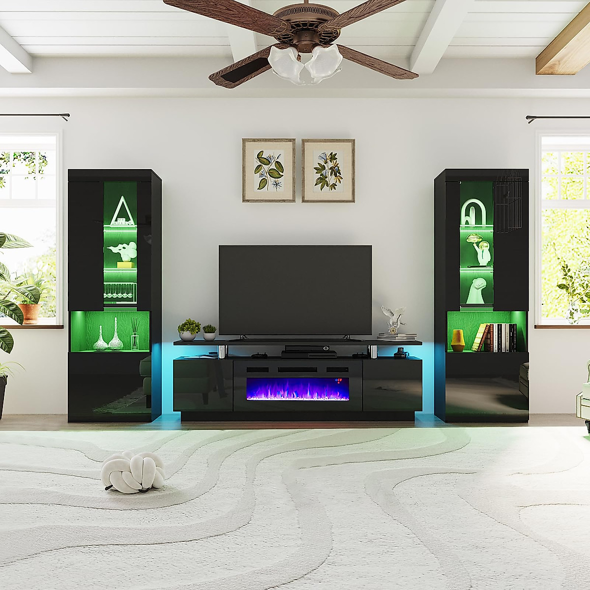 AMERLIFE Entertainment Center with Fireplace and Bookcases, Includes 70" 2-Tier Fireplace TV Stand with 36" Fireplace, 2 x Modern High Gloss Bookshelves with LED Lights & Glass Doors, Black