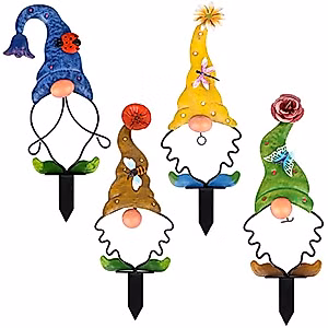 Fave Plus Garden Gnomes Decoration Yard Stake Metal Knomes Outdoor Home Decorative Lawn Ornament Patio Sign, 4 PCS