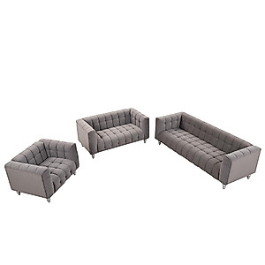 3-Piece Sofa Sets Living Room Sets with Solid Wood legs, Buttoned Tufted Backrest, Dutch Fleece Upholstered Couches Sets Including 3-Seat Sofa, Loveseat and Chair for Living Room (Grey)