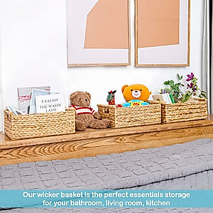 Large Wicker Basket Rectangular with Wooden Handles for Shelves, Water Hyacinth Basket Storage, Natural Baskets for Organizing, Wicker Baskets for Storage 15.5 x 10.8 x 6.2 inches