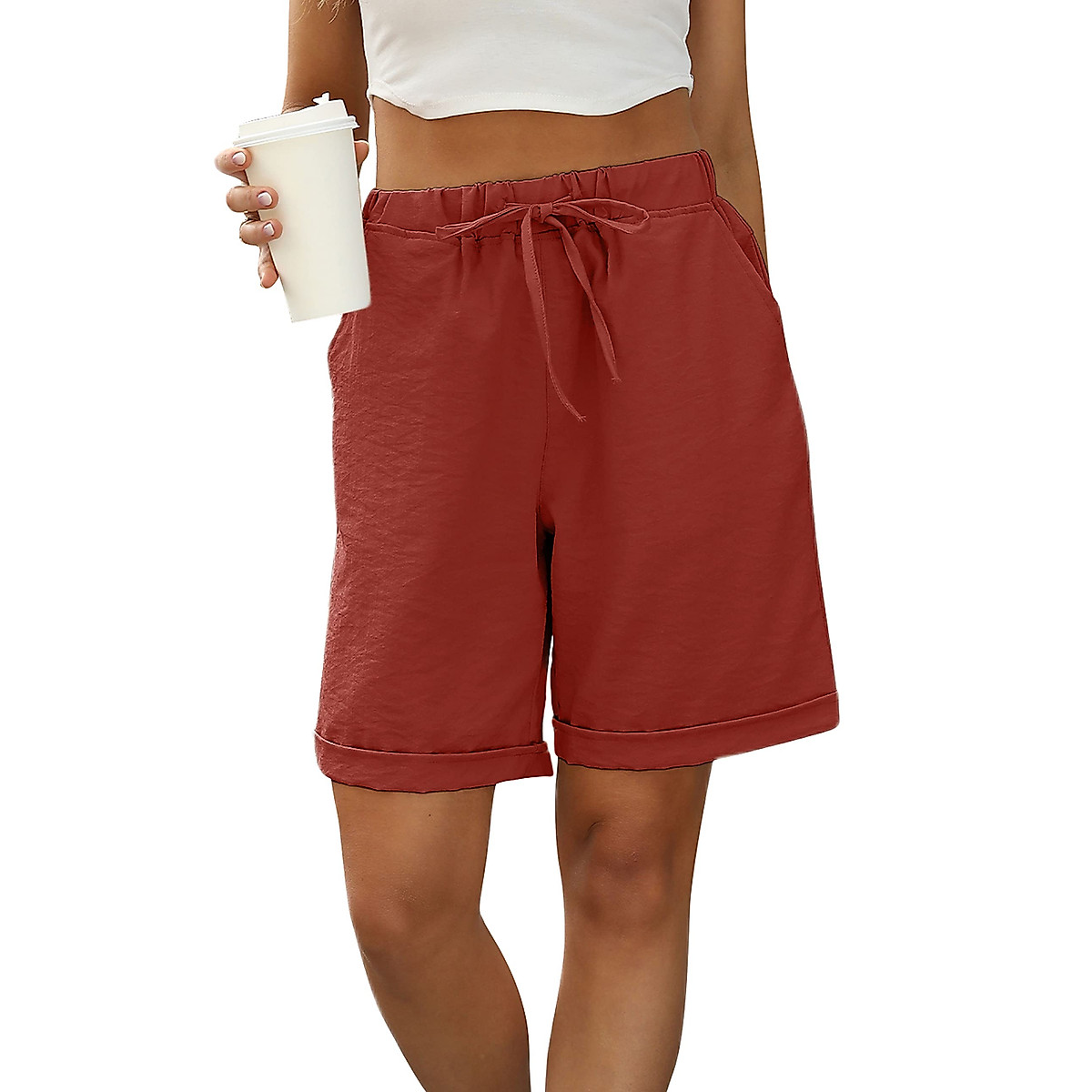 Tanming Women's Summer Casual Elastic Waist Rolled Hem Bermuda Shorts with Belt (Red, X-Large)