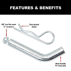 BIG RED ATRLY2101R Torin 5/8" Diameter Trailer Hitch Pin with Clip, Fits 2" Receiver