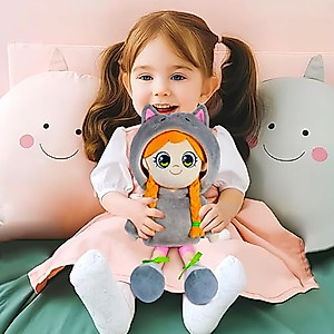 17" Soft Baby Doll Toys, My First Baby Doll with Grey Cute Kitten Character Hoodie Cloth, Soft Stuffed Rag Dolls for Toddler Kids Infants