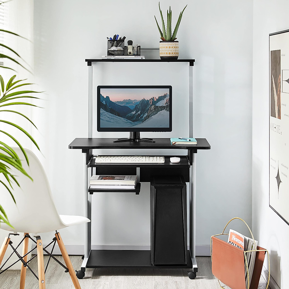 Yaheetech 3 Tiers Mobile Computer Desk with Printer Shelf & Keyboard Tray Rolling Computer Desk for Small Spaces, Compact Study Desk Workstation with Wheels, Space Saving, Black