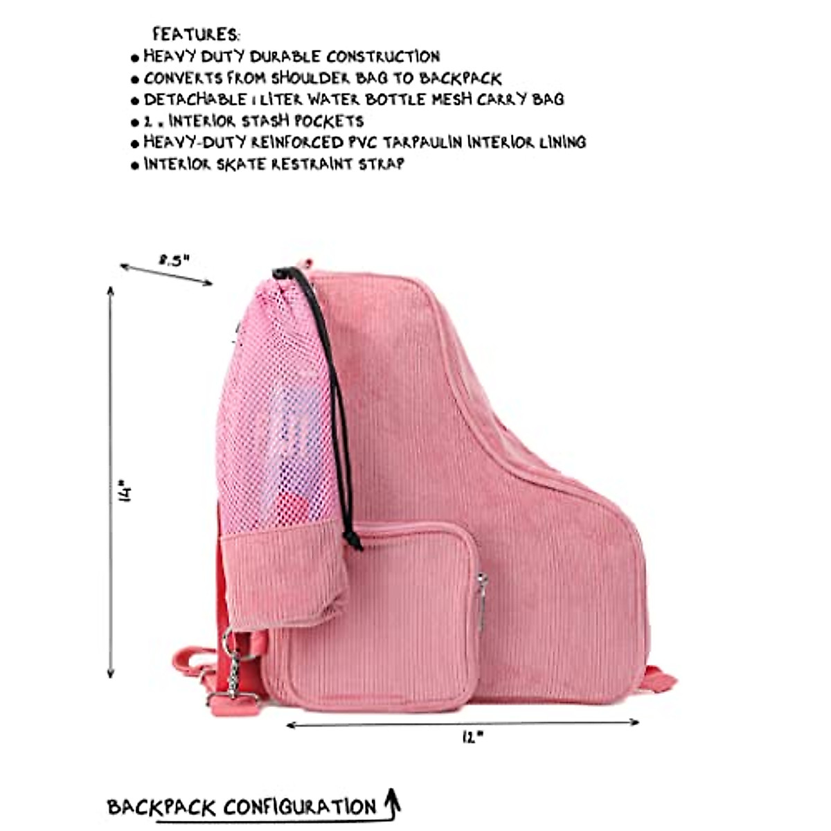 Fydelity Roller Skate Bags for Women Girls Roller Skate Backpack Roller Skate Accessories Ice Skates Kids Ice Skate Bag Rollerskate bag Ice Skating Bag Roller Skating Bag Corduroy Pink