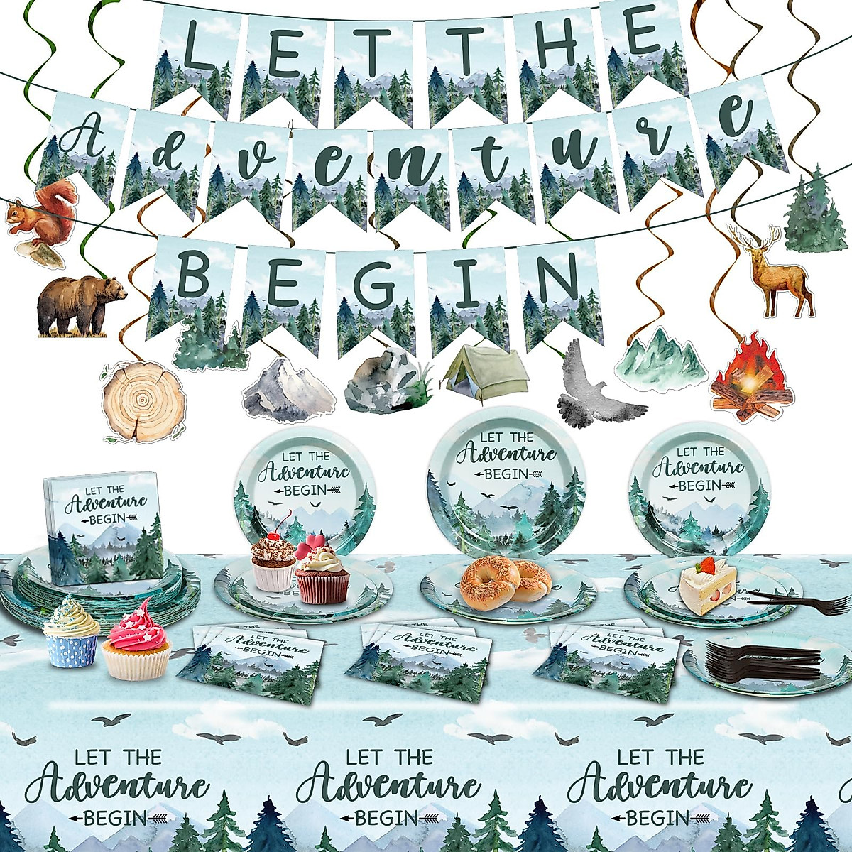 146 PCS Adventure Awaits Party Supplies Let The Adventure Begin Plates Napkins Adventure Table Cover Disposable Paper Plates Napkins Tablecloth Hanging Swirls Banner for Baby Shower Birthday Party