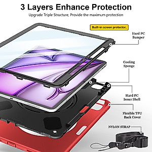 Miesherk Stock Case for iPad Air 13'' 2024: Military Grade Shockproof Rugged Case for iPad Air 13''（M2） W/Screen Protector - Stand - Handle - Shoulder Strap - Pen Holder，Black+Red