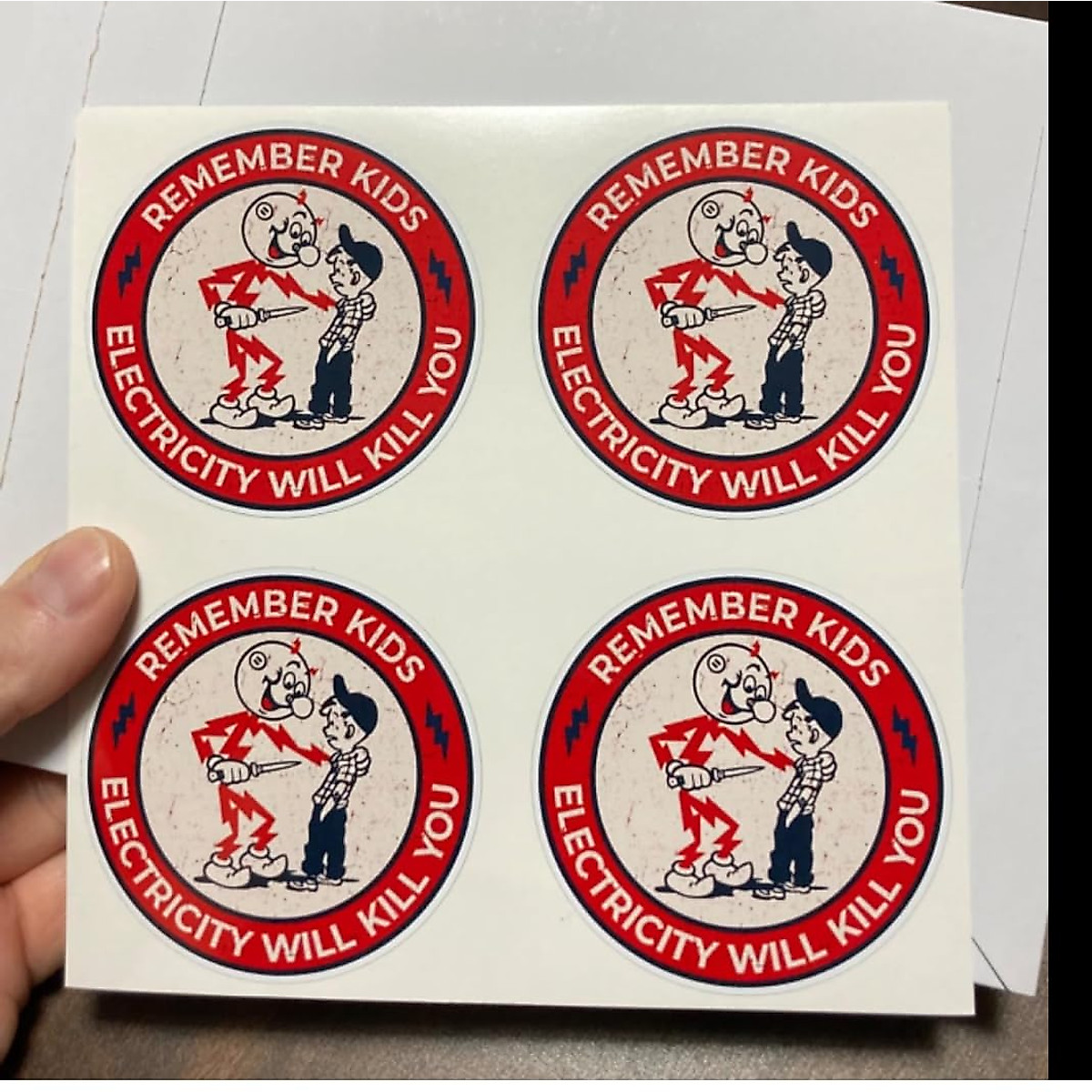 AG 4 PCS Remember Kids Electricity Will Kill You Decal Hard Hat Stickers Reddy Kilowatt Funny Electrician Mechanic Stickers, 3 Inch, Electricity Kills Sticker