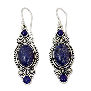 NOVICA Artisan Handmade Lapis Lazuli Dangle Earrings Ornate Sterling Silver with Blue India Snorkel Birthstone [2 in L x 0.6 in W x 0.3 in D] ' Johari Treasure'