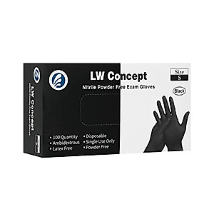 LW Concept Disposable Nitrile Gloves, Chemical Resistant, Powder-Free, Latex-Free, Non-Sterile, Food Safe, 5 Mil, Black, 1000-Count (Small)