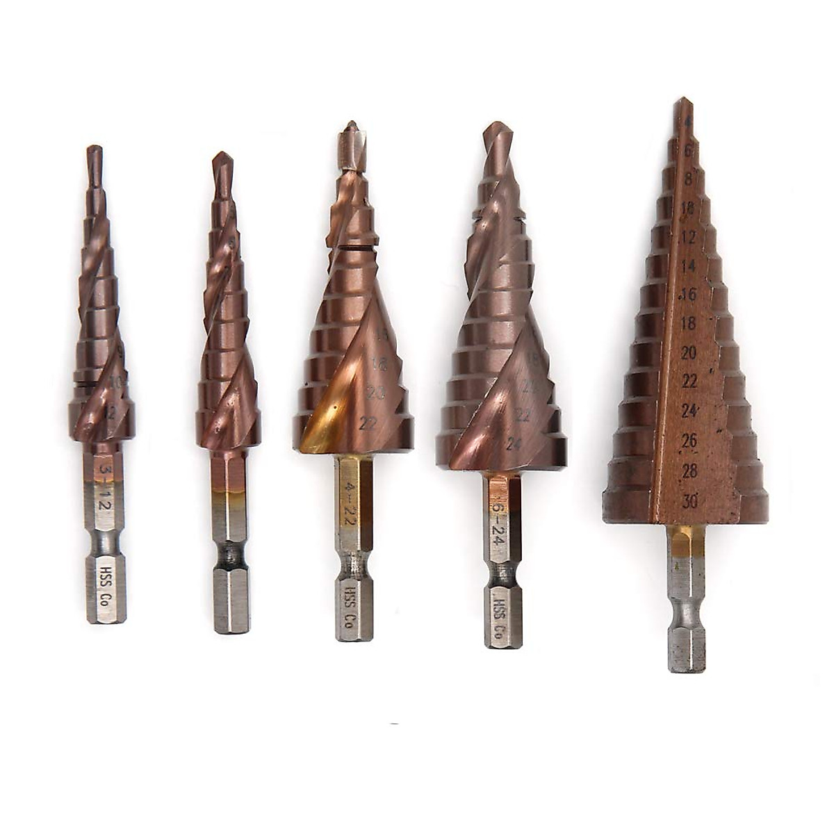 Chiloskit M35 Cobalt Spiral Grooved Industrial Unibit Step Drill Bits Stainless Steel Metal Woodworking Hole Drilling Tool Bit, Set of 5