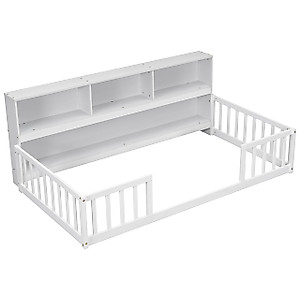 Twin Size Floor Bed with Bedside Bookcase and Shelves, Multifunctional Platform Bed with Guardrails, Wood Captain Bed with Storage Headboard, Low Floor Bed for Kids Teens (White * Twin,Guardrails)