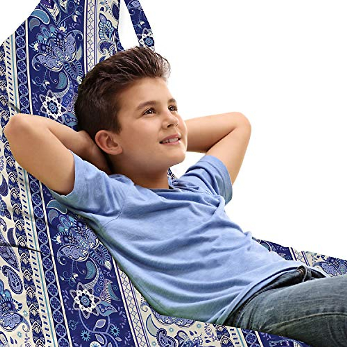 Lunarable East Lounger Chair Bag, Flower Motifs Curly Ornamental Pattern on Striped Background, High Capacity Storage with Handle Container, Lounger Size, Blue White Lilac