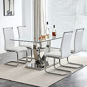 62.8" Rectangular Glass Dining Table for 4-6 with 0.39" Tempered Glass and Silver Chrome Metal Special-Shaped Bracket, for Kitchen Dining Living Meeting Room Banquet Hall