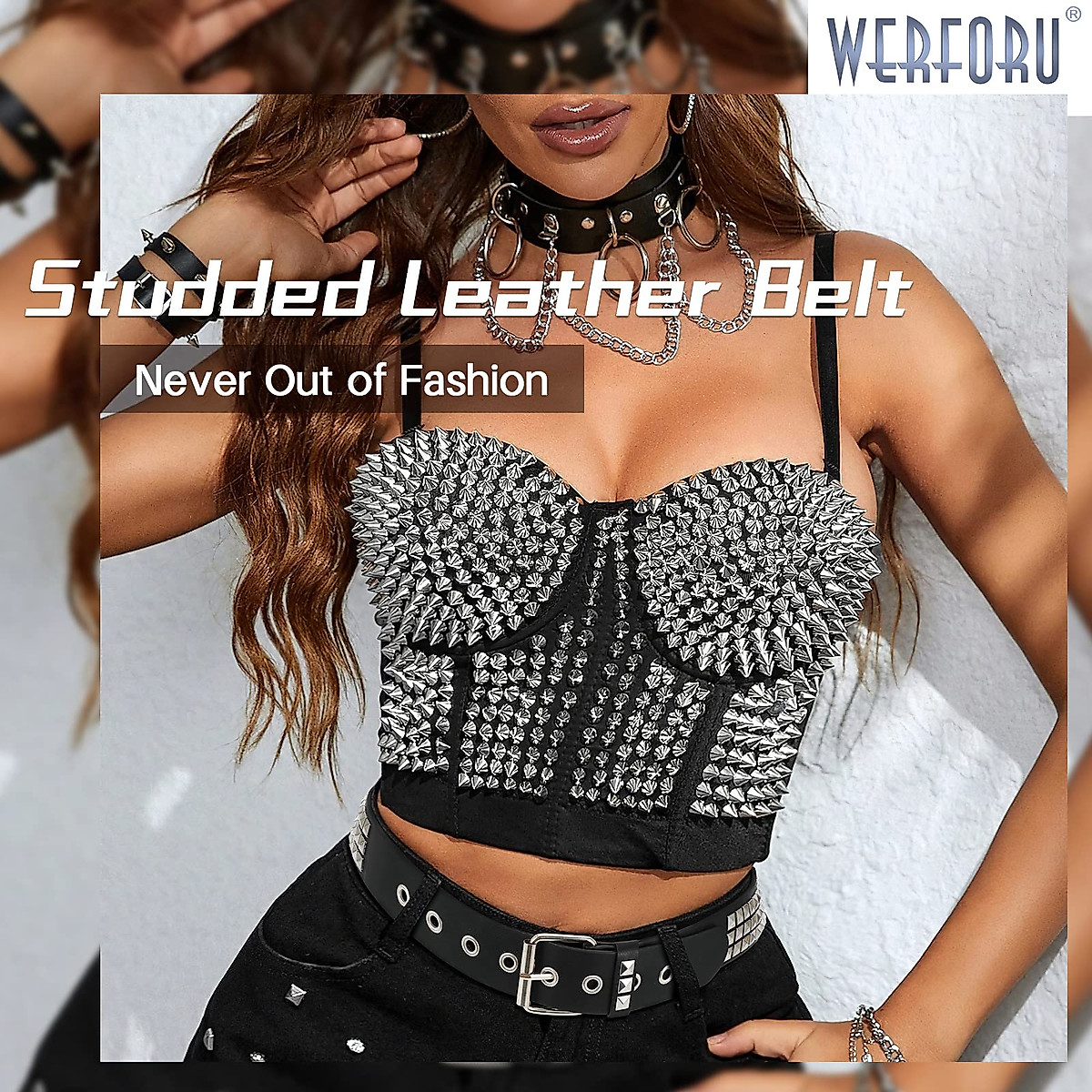 WERFORU Black Studded Belt, Punk Rock Rivet Belt for Women Men Gothic Belt for Jeans