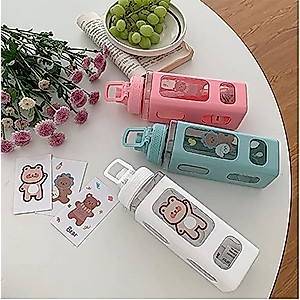 PEXIZUAN Kawaii Bear Water Bottle With Straw Sport Plastic Portable Square Drinking Bottle For Girl Cute Juice Tea Water Cups 700ml(Pink,700ml)