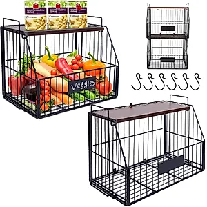 LiteViso 2pcs Large Fruit Basket Onion Storage Wire Baskets with Wood Lid, Stackable Wall-mounted Countertop Tiered Kitchen Counter Organizer for Snack Fruit and Vegetable Storage, 13*8.66*9.45Inches