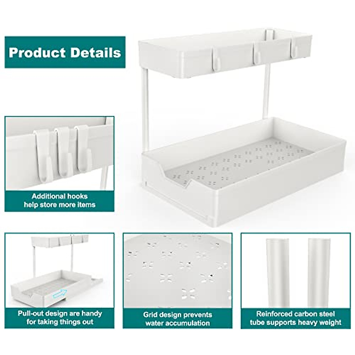 IRONBOX Under Sink Organizer, 2 Pack Pull Out Cabinet Organizer 2-Tier Slide Out Sliding Shelf Under Cabinet Storage for Bathroom Kitchen Sink Organizers and Storage (White-2 Pack)