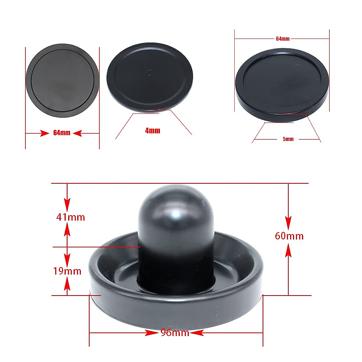 BQSPT Air Hockey Pucks and Paddles,Air Hockey Pushers and Pucks, Handles Paddles Replacement Accessories (4 Striker 96mm with Pads, 8 Pucks 64mm Thick and Thin)