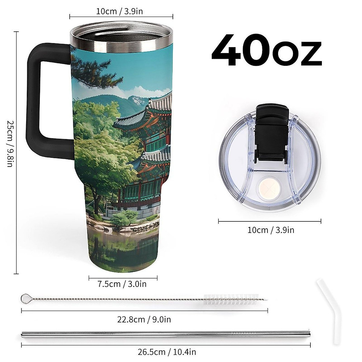 Korean Architecture Palace of Koreas Insulated Tumbler with Handle Stainless Steel Travel Coffee Mug with Lid And Straw 40oz