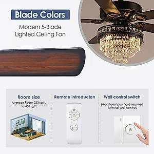 Crystal Ceiling Fan Fandelier with Lights - Modern Outdoor Fans with Remote Control，Noiseless AC Motor, Retro/Farmhouse Lighting, Dining Room， Living Room (52"