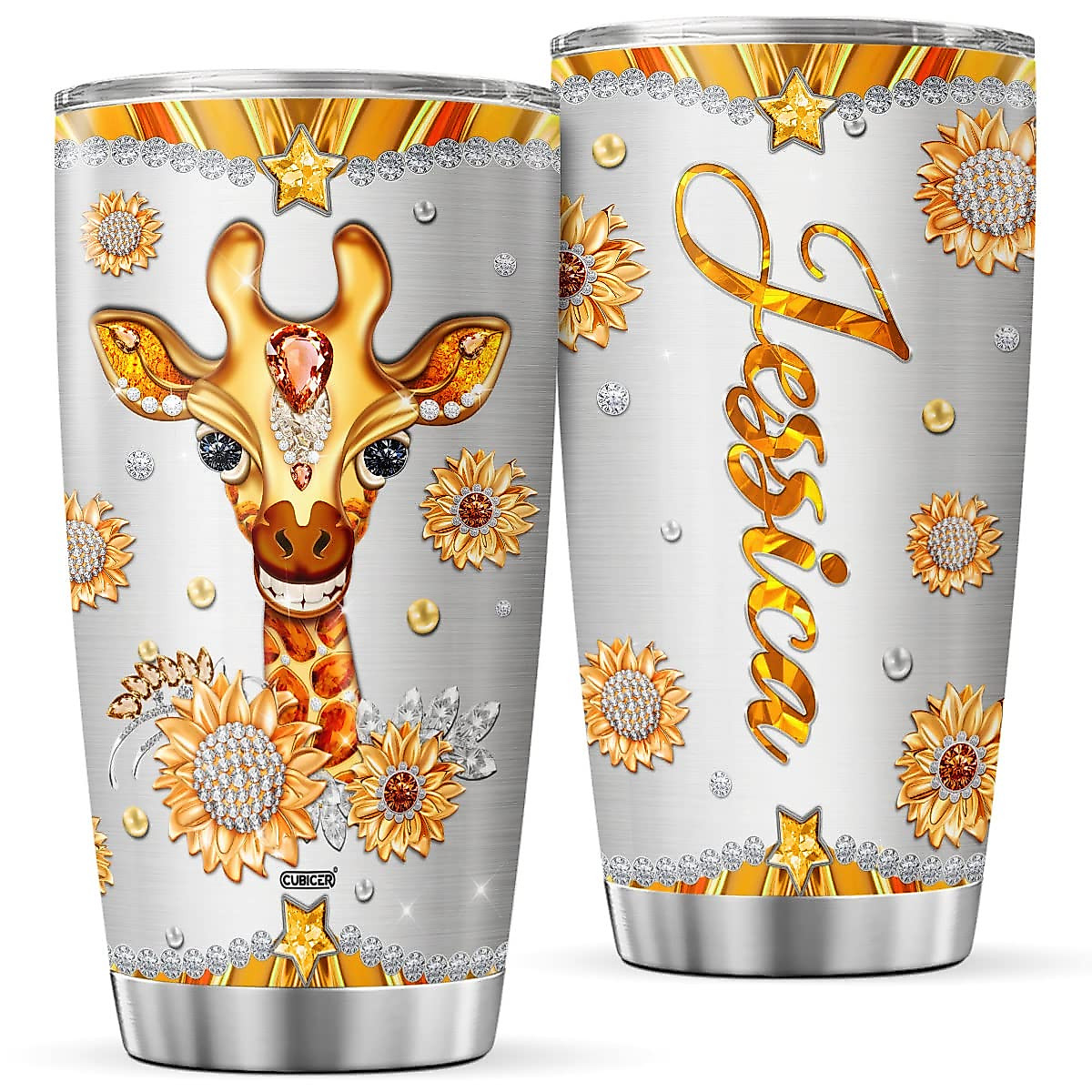 CUBICER Personalized Coffee Tumbler Giraffe Jewelry Style Custom Name Birthday Gifts For Women Girls Mom Grandma Kids Insulated Cup Travel Mug With Lid Cute Stainless Steel Cups