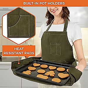 opux Chef Apron for Men, Kitchen Apron with Pockets for Women, Large Unisex Canvas Apron for Cooking Grilling BBQ Baking, Heavy Duty Apron for Work, Olive Green