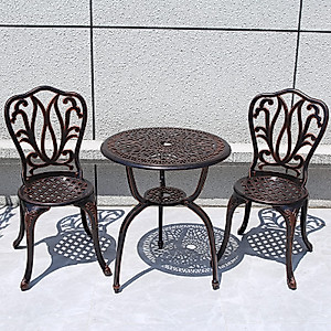 CG 3 Piece Bistro Set, Outdoor Patio Set, Anti-Rust Cast Aluminum Bistro Table Set for Park Yard Front Porch Furniture, Tulip, Antique Copper