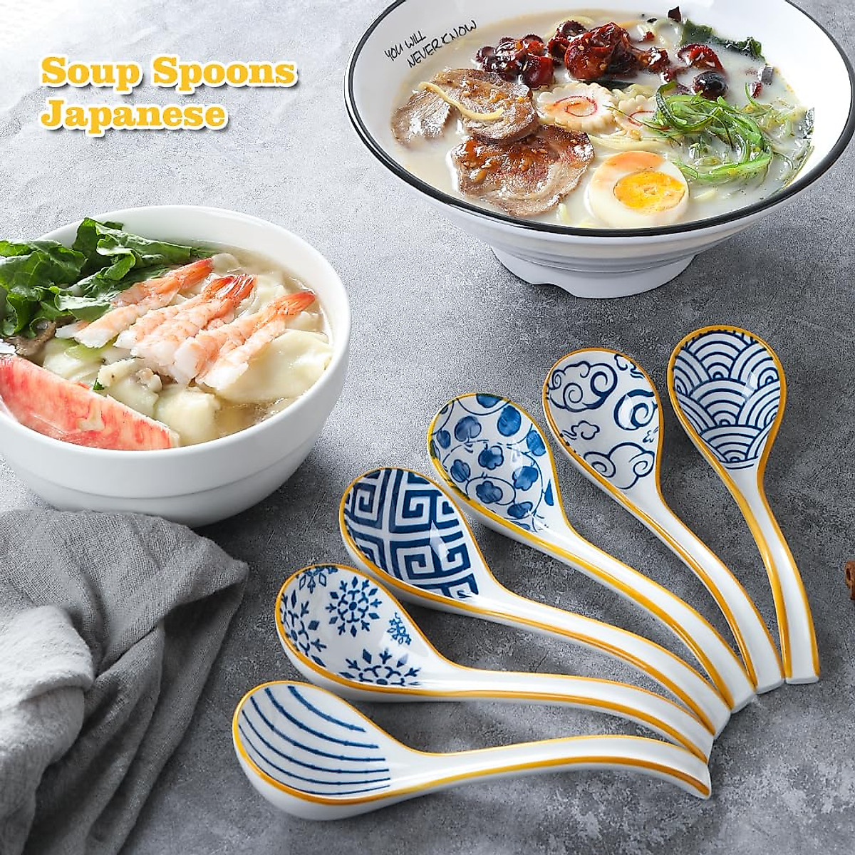 Soup Spoons Set of 6, Soup Dumplings Asian Soup Spoon Set Non-slip Bottom Japanese Spoons for Ramen Chinese Wonton, Dumplings, Pho, Noodle Soup Spoons