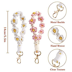 Macrame Wristlet Keychain Daisy Weave Bracelet Keychains Handmade Wrist Lanyard Boho Rope Keyring Phone Holder for Women Girl