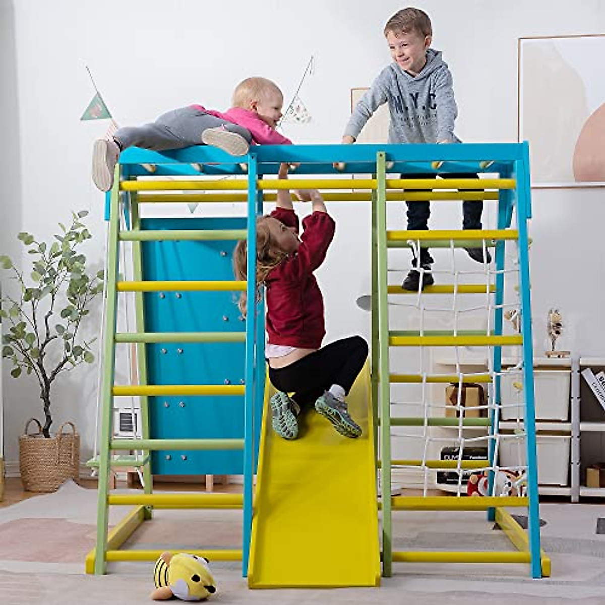 Avenlur Magnolia Indoor Playground 6-in-1 Jungle Gym Montessori Waldorf Style Wooden Climber Playset Slide, Rock Climbing Wall, Rope Wall Climber, Monkey Bars, Swing for Toddlers, Children Kids 2-6yrs