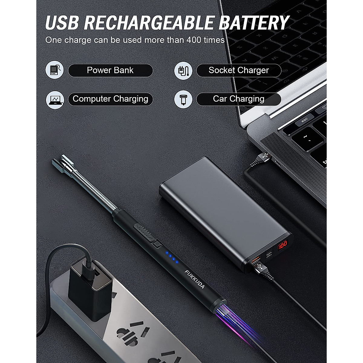 Candle Lighter Electric Arc Lighter with USB Rechargeable Battery Plasma Flameless & Windproof Lighters Double Safety Switch (Obsidian Black)