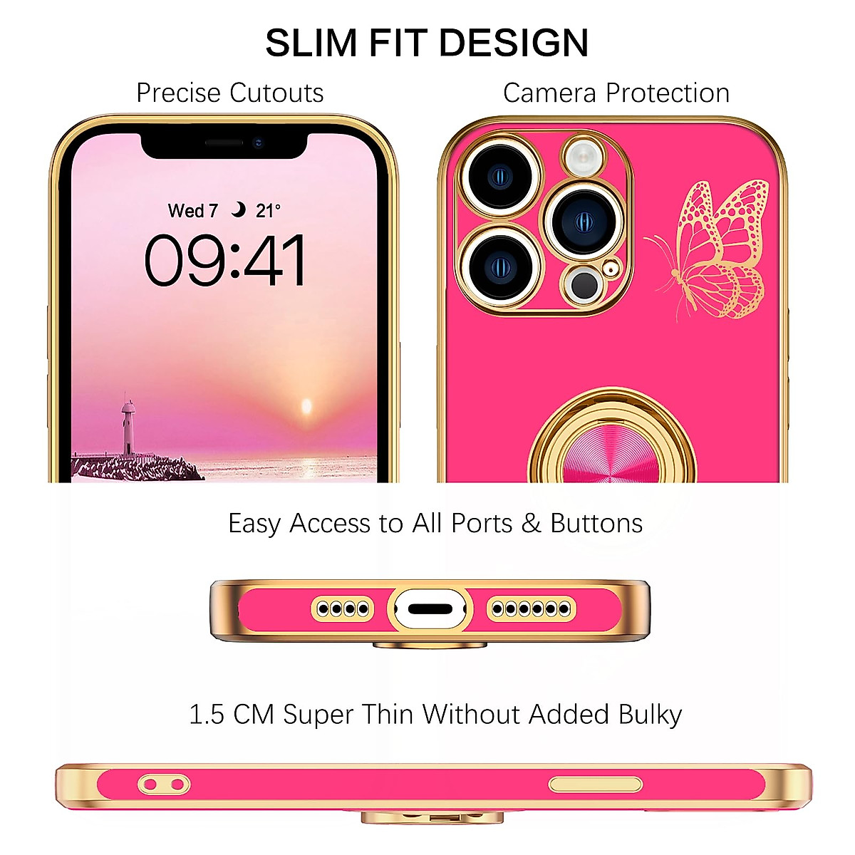 BENTOBEN for iPhone 13 Pro Max Case, Phone Case iPhone 13 Pro Max, Cute Butterfly Plating 360° Ring Holder Kickstand Magnetic Car Mount Supported Soft Bumper Women Men Drop Protective Cover, Hot Pink