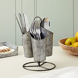 Rotating Kitchen Utensil Holder for Countertop with 3 Compartments, Galvanized Flatware Caddy (6 x 10 In)