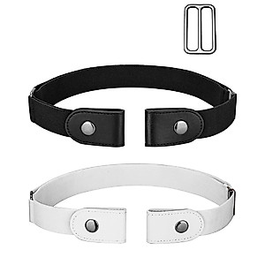 maikun 2 Pieces Buckle Free Belt,White stretch belt, Buckless Elastic Belt Women, Black + White, Waist size 24-50''