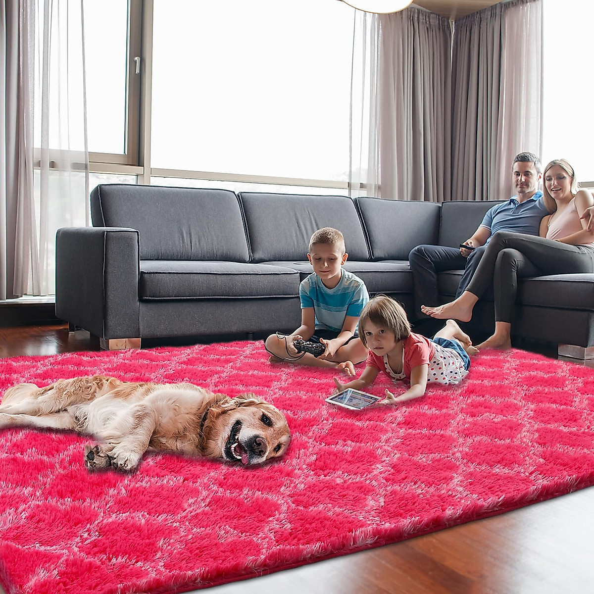 Puremy Luxury Rugs for Living Room, 3.8x6 Fluffy Area Rug Ultra Soft Indoor Carpet for Bedroom, Kids Room, Playroom, Home Decor, Geometric, Hot Pink/White