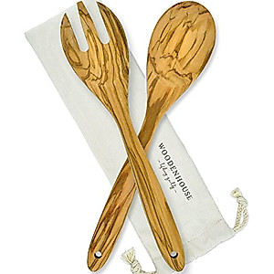 Salad Tongs for Serving, Spoon Salad Utensils Set from Olive Wood, 12 inches Wooden Fork and Spoon for Mixing, Tossing & Cooking