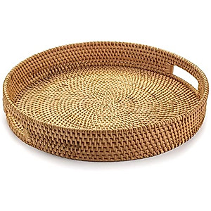 Rattan Round Serving Tray, Hand Woven Serving Basket with Cut - Out Handles, Wicker Fruit/Bread Serving Basket, 14.2 inch