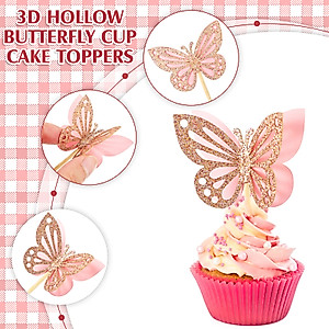 Chinco 48 Pcs Butterfly Cupcake Toppers Assembled Double Layer Cupcake Topper 3D Glitter Cupcake Topper Butterfly Cocktail Pick Decoration for Baby Shower Birthday Wedding (Pink,Classic Style)