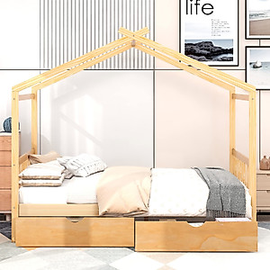 Bellemave Full House Bed with Storage Drawers Natural Montessori Beds Wood Beach Bed Frame Cottage Beds for Kids Girls Boys Teens, Full Size