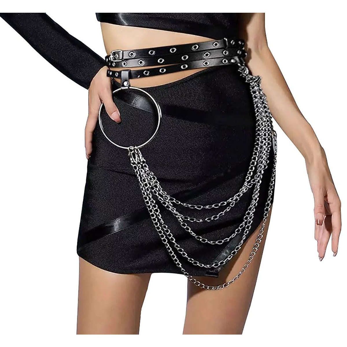 HUI GUO Women's Gothic Body Chain Belt Leather Punk Waist Belt with O-ring Metal Chain Tassel Adjustable Buckles(Black3), One Size